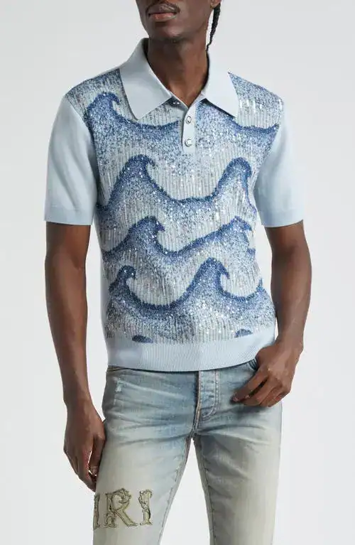 Amiri Sequin Wavy Knit Wool Polo In Ashley Blue - 70% Off